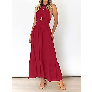 ZESICA Women's 2023 Summer Crossover Halter Neck Sleeveless Plaid Cut Out Backless Flowy A Line Maxi Dress,Red,Medium
