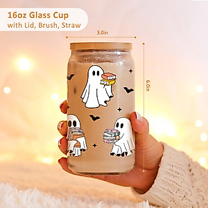 Fairy's Gift Ghost Reader Halloween Cup, Cute Halloween Spooky Gifts for Book Lovers, 16 oz Iced Coffee Cup with Lid Straw, Book Themed, Bookworm, Bookish Gifts for Women Book Lover Librarian
