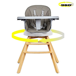 Bebehut 360° Swivel Baby High Chair for Infants and Toddlers, Solid Beech Wood Frame, Dishwasher Safe Tray & Tray Insert (Cappuccino)