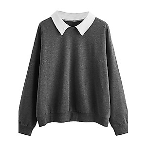 SweatyRocks Women's Contrast Collar Drop Shoulder Casual Long Sleeve Pullover Sweatshirt Tops Grey S