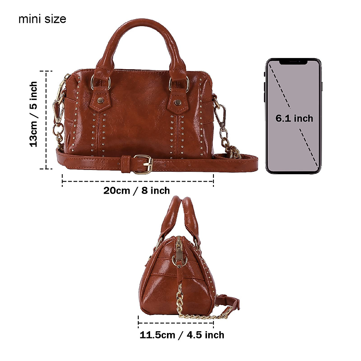 LUCSIS Women's rivets studded crossbody bag purse handbag small light weight cute mini bag PU leather Brown(Camel)