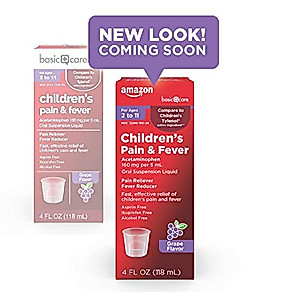 Amazon Basic Care Children's Pain & Fever Oral Suspension Acetaminophen 160 mg per 5 mL, Grape Flavor, Fast, Effective Pain Reliever and Fever Reducer for Children, 4 Fluid Ounces
