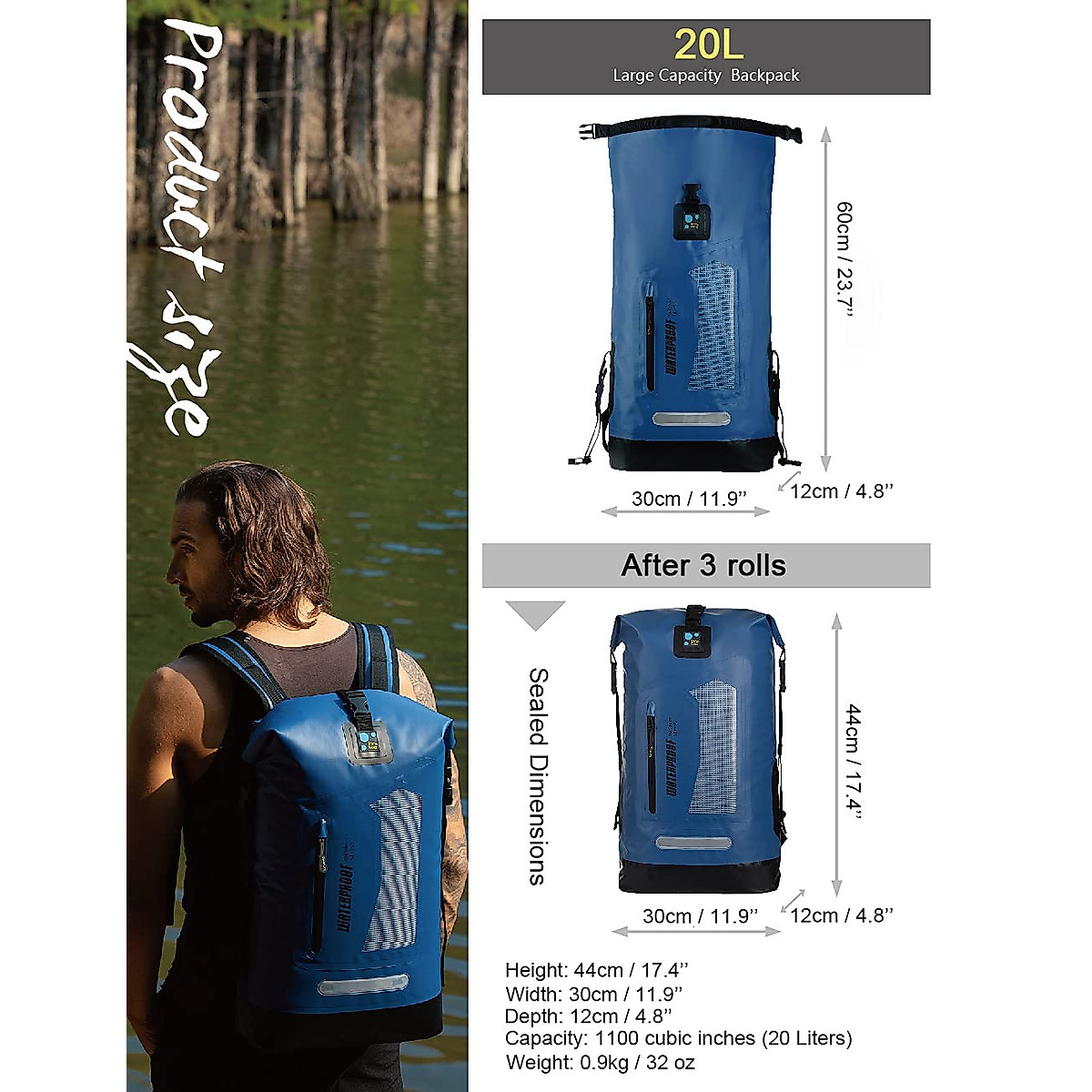 IDRYBAG Waterproof Backpack Dry Bag 20L/30L/40L, Floating Dry Backpack Waterproof for Men, Dry Sack Waterproof Bag for Backpacking Kayak