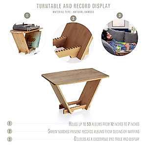 TunePhonik Bamboo LP Record Holder w/Turntable Display Shelf to Stack and Organize 45s/7”and 33s/12” Vinyl Albums