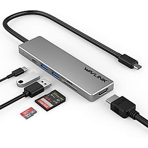 WAVLINK USB C Hub Multiport Adapter,Portable Aluminum Dongle with 4K HDMI Display,100W Power Delivery,2 USB 3.0 Ports, SD/Micro SD Card Reader Compatible for MacBook Pro, XPS More Type C Devices