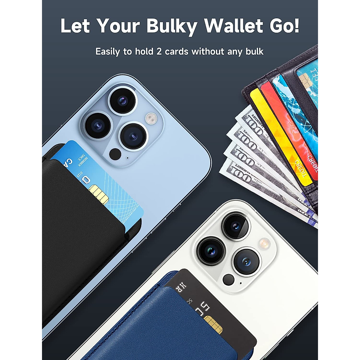 Kimguard [2 Pack] Magnetic Card Wallet Holder with Mag-Safe for iPhone 14 Pro Max/14 Plus/14 Pro/14, for iPhone 13 Pro Max/13 Pro/13/13 Mini, for iPhone 12/12 Pro/12 Max/12 Mini, Black & Blue