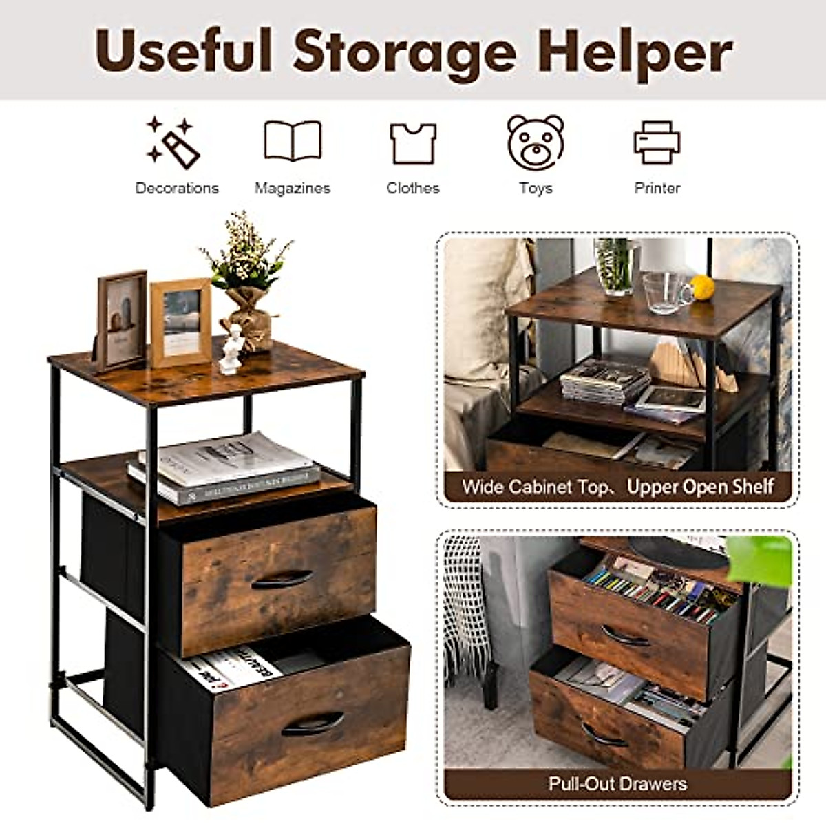 Giantex 2 Drawer Dresser for Bedroom, Tall Nightstand Storage Tower w/Folding and Removable Fabric Drawers, Metal Frame, Closet Organizer, Sofa Side Table for Living Room Beside End Table, Brown (1)