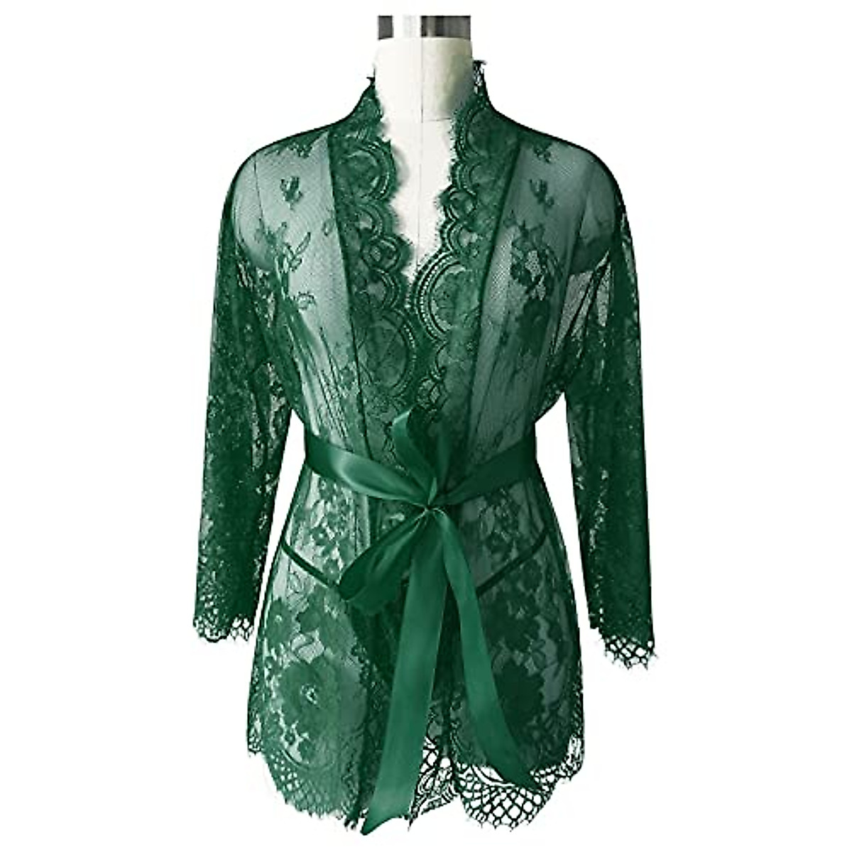 Qopobobo Women Lingerie Naughty Sexy Plus Women's Lace Kimono Robe Long Sleeve Lingerie Mesh Nightgown Dress with Belt