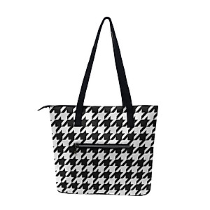 Women's Fashion PU Leather Shoulder Bags Lightweight Water Resistant Durable Large Capacity Tote Purse Work Travel Weekend Handbag (Abstract Modern Striped Houndstooth And Watercolor Effect Black)