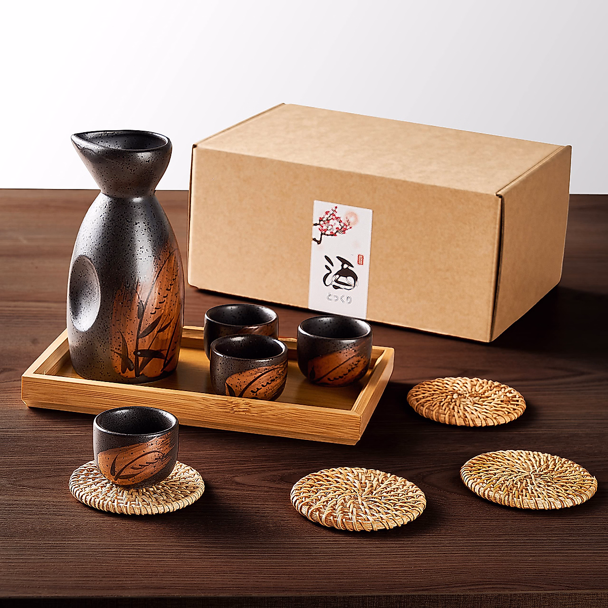 RECEESOON 10 Piece Traditional Japanese Sake Set with Tray, Korean Soju Glass, Black Sake Cups, Saki Cup Set, Japanese Gifts Set