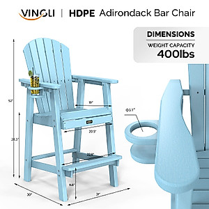 VINGLI Tall Adirondack Chairs Set of 2 HDPE Adirondack Bar Stools with Cup Holders, Poly Deck Chairs Outdoor Bar Stools, 350LBS Capacity (Blue, 2 PCS)