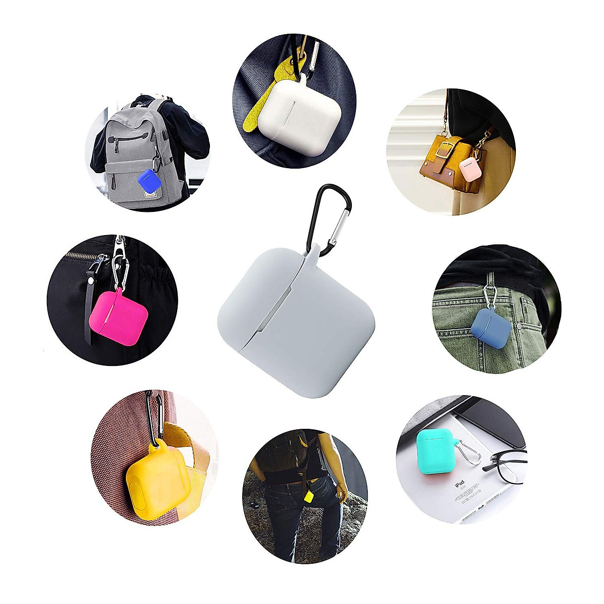 Earphone Silicone Case Cover Skin with Fur Ball Key Chain and Locking Carabiner Compatible with AirPods Charing Case - Hang Case Cover with Anti-Lost Strap as Headphone Accessories (Gray)