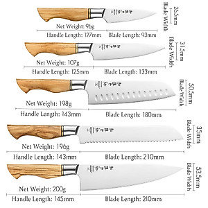 HEZHEN-Sweden Sandvik Stainless Steel Knife Set 5PCS, Forged Kitchen Knives Cooking Tools, Olivewood Handle + Maple Wood Magnetic Knife Strip Knife Bar