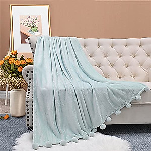 Home Soft Things Pompom Bed Couch Throw Blanket, 50'' x 60'', Harbor Blue, Fuzzy Soft Comfy Warm Decorative Throw Blanket for Living Room Bedroom Suitable for All Seasons