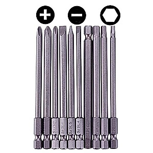 Rocaris 10pcs 1/4 Inch Hex Shank Long Magnetic Screwdriver Bits Set 100mm Power Tools (Slotted+Cross+Hex head)