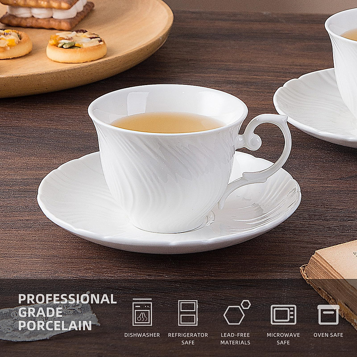 Agyiuns Tea Cups Set Of 4, Tea Cup And Saucer Set,6oz for Tea,Coffee, Latte, Cafe Mocha, Porcelain Tea Party Set (Pure white set of 4)