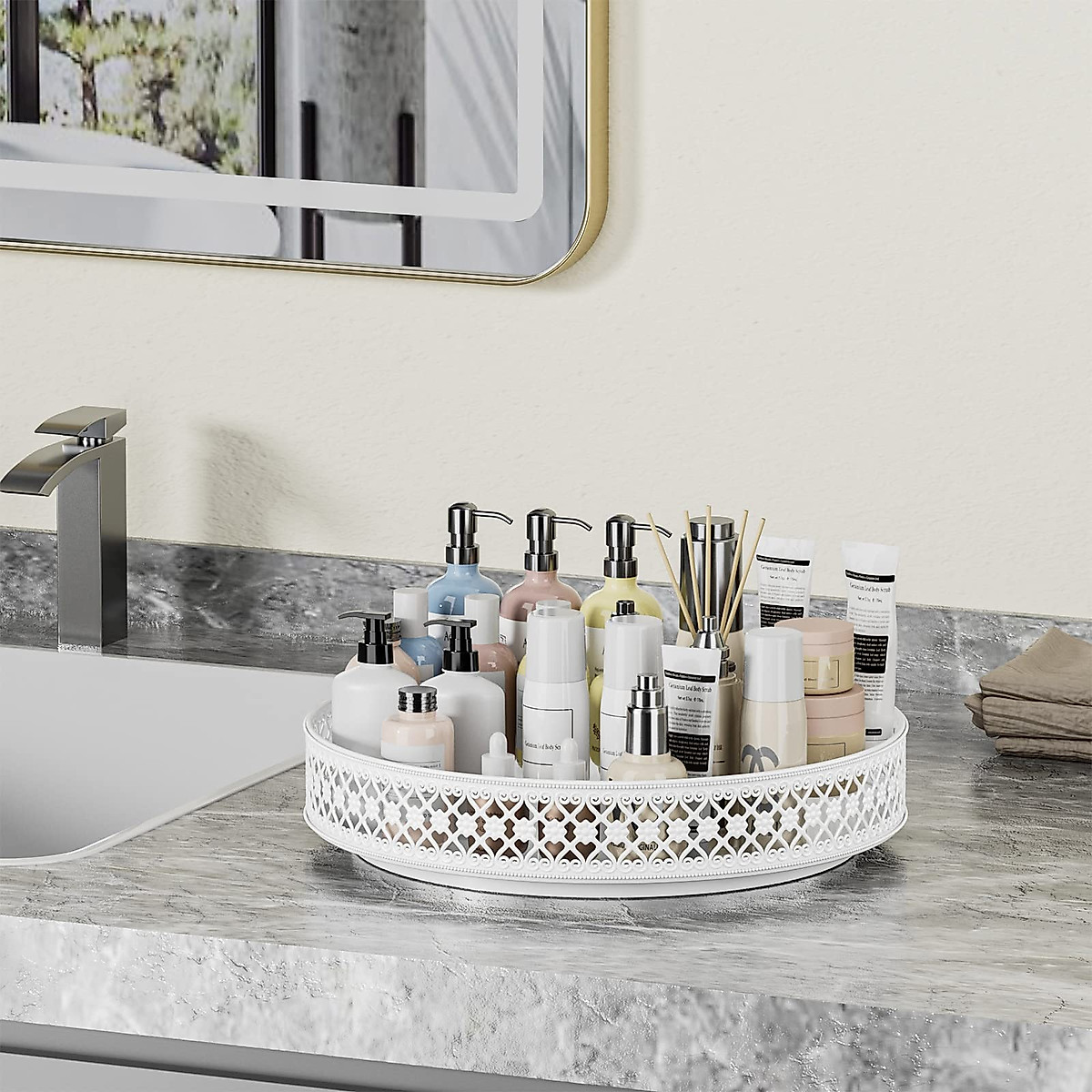 Ovicar Lazy Susan Turntable Organizer - 13 inch Rotating Spice Rack Metal Lazy Susan for Cabinet Pantry Kitchen Countertop Dining Table Cupboard Bathroom Vanity Refrigerator White