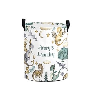 Personalized Laundry Basket for Boys Girls, Animals Dragon Watercolor Custom Laundry Basket Waterproof Coating with Handles,For Bathroom Bedroom Living Room