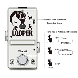 Amuzik Looper Electric Guitar Effect Loop Pedal 10 Minutes of Looping Unlimited Overdubs USB Port True Bypass