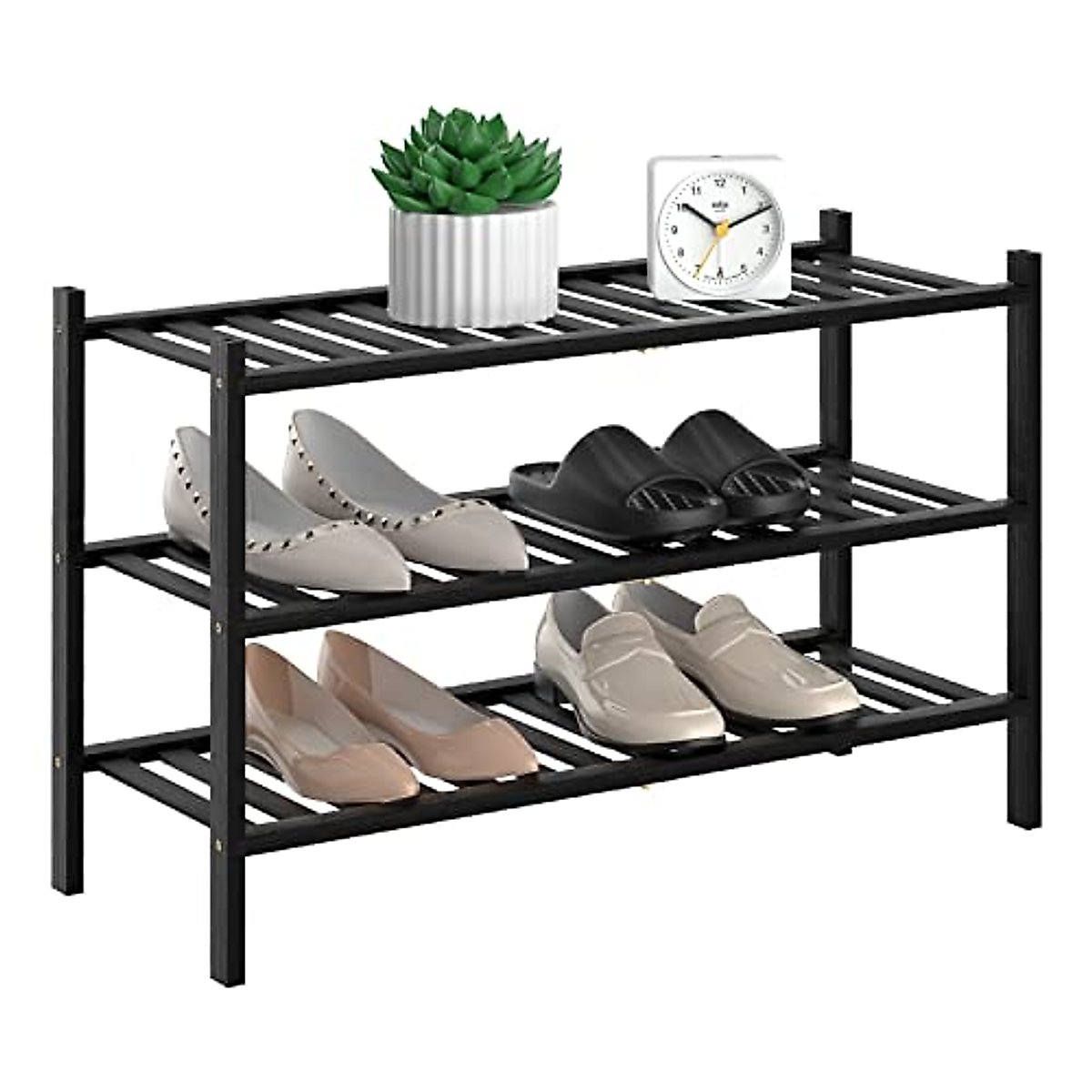 RONGJIA 3-Tier Natural Bamboo Shoe Rack - Stackable Storage Shelf with Multi-Function Combinations - Free Standing Shoe Racks for Convenient Shoe Organization（Black） 11" D x 27" W x 20" H