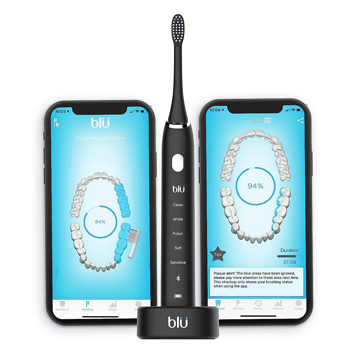 Blu Smart Electric Toothbrush, Sonic Power Toothbrush with Interactive Live Tracking App for Adults (Black)