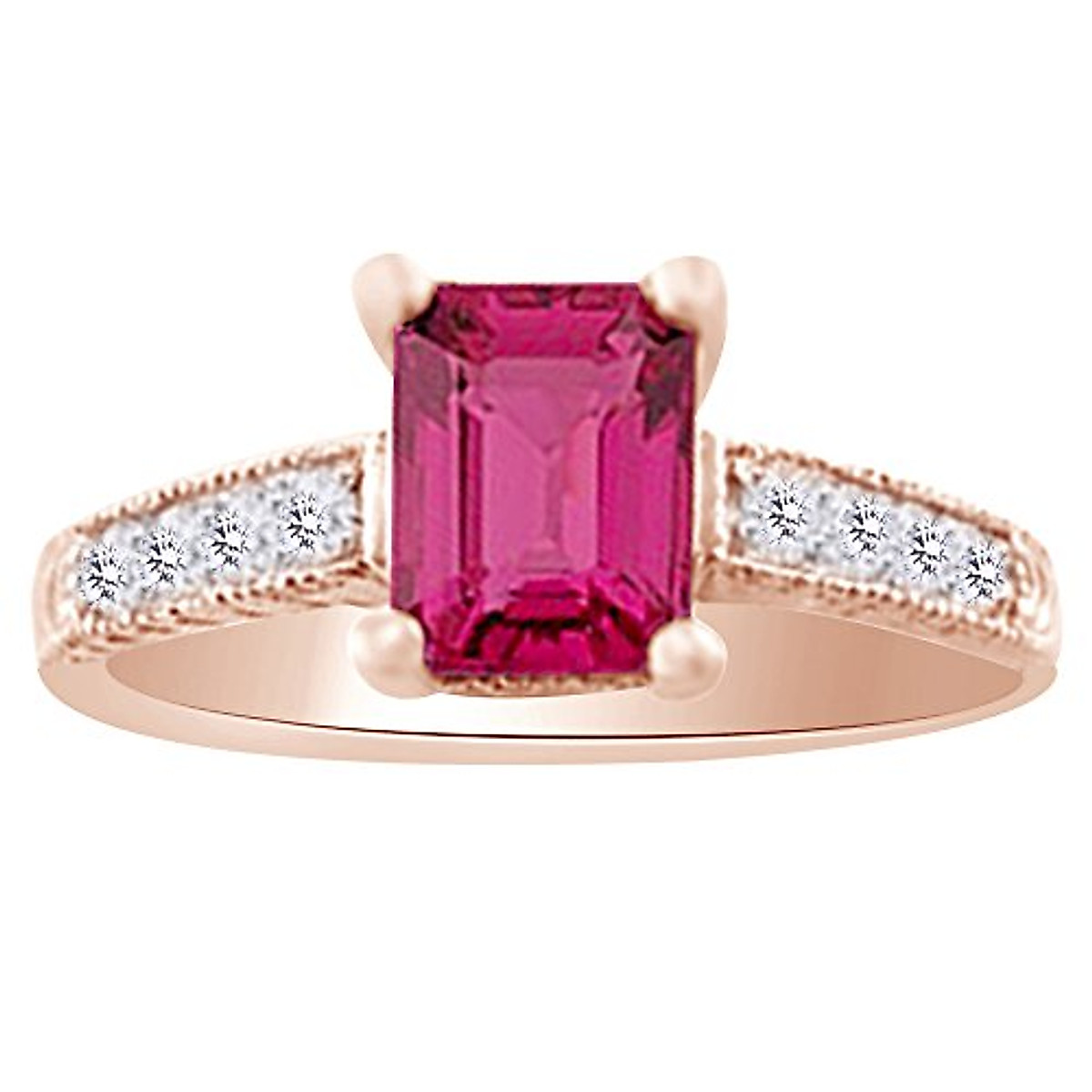 AFFY 1.75 cttw Simulated Pink Sapphire & White Natural Diamond Vintage Engagement Wedding Ring in 14k Rose Gold Ring Size 13.5