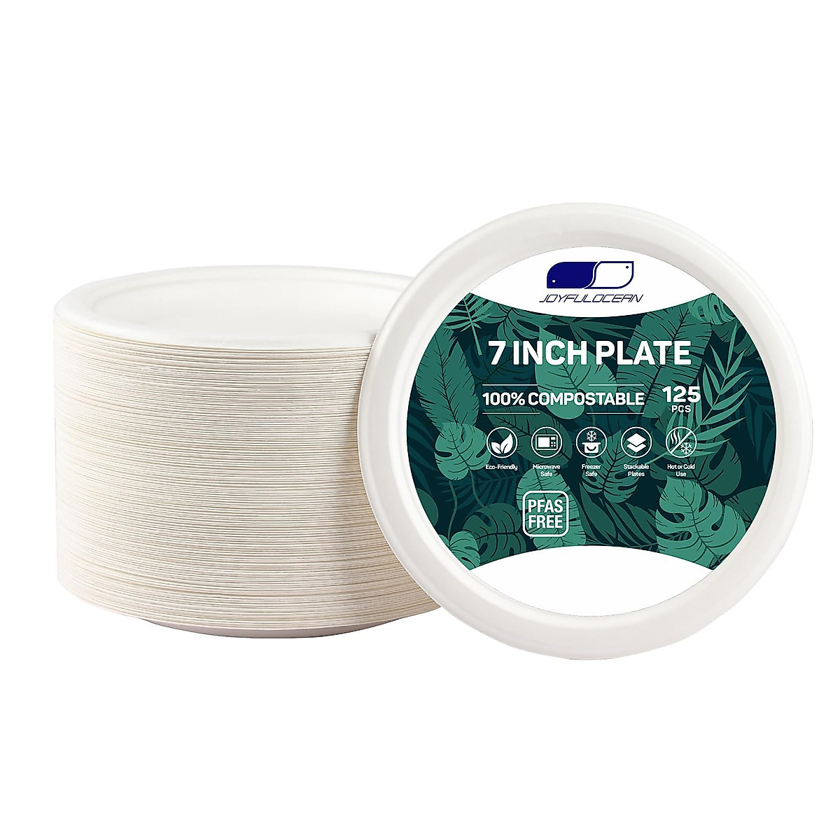 JOYFULOCEAN Paper Plates 7 inch 125 Pieces, 100% Compostable Disposable Paper Plates, Heavy-Duty Natural Biodegradable Eco-Friendly Sugarcane Fibers Party Plates(White)[PFAS-Free][BPI Certified]