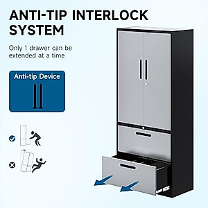 PEUKC 2-Drawer Metal File Cabinet,Lateral Filing Cabinets for Home Office,Locking File Cabinet with Storage Shelves,Legal/Letter/A4 Size Office File Cabinet,(Black Grey, Assemble Required)