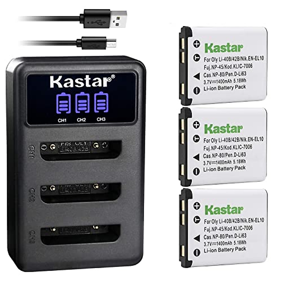 Kastar Battery 3-Pack + LCD Triple Charger Replacement for Olympus LI-42B LI-40B, Fujifilm NP-45 NP-45A NP-45B NP-45S, Nikon EN-EL10, Kodak KLIC-7006, Casio NP-80, Pentax D-Li63 D-Li108, Ricoh DS-6365