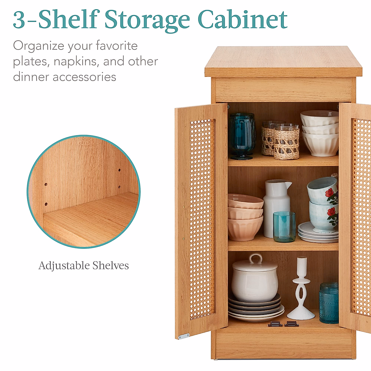 Best Choice Products 3-Piece Rattan Dining Set, Counter Height Boho Dining Table for Kitchen for 2, Dining Room w/Adjustable Storage Shelves, Cabinet Doors, Metal Frames