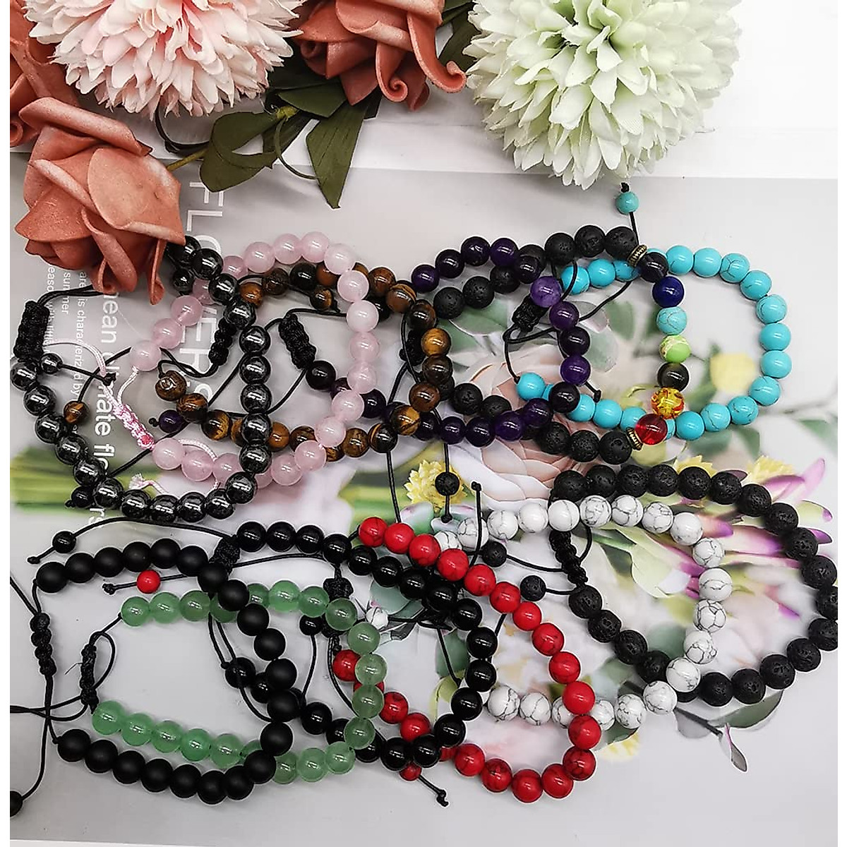 FINZOR 12Pcs 8mm Stone Beads Bracelets for Women Men Semi-precious Gemstone Crystal Beaded Bracelets Lava Rock Tiger Eye Amethyst Chakra Bracelets Unisex Adjustable