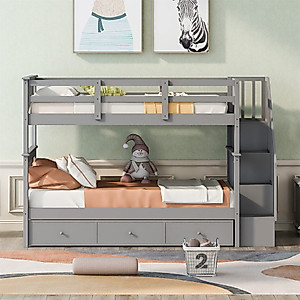 Harper & Bright Designs Twin Over Twin Bunk Bed with Stairs and Guard Rail, Wood Bunk Bed with Storage Drawers Twin Bunk Bed Frame for Bedroom, Dorm, Kids, Teens, Adults (Twin, Gray)