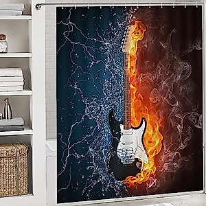 Fantasy Music Theme Guitar Shower Curtain Sets 4 Piece,Boys Room Decor Fire Water Flame Mist Electric Guitar Bathroom Decor Sets with Rugs Include Waterproof Non-Slip Toilet Lid Cover Bath Mat