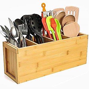 Yumkfoi Extra Large Bamboo Utensil Holder, 4 Sections Kitchen Utensil Holder Organizer for Countertop, Cooking Utensil Caddy Farmhouse Utensils Holder Utensil Crock for Kitchen Counter