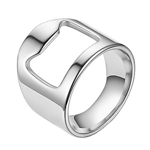 WOYNJI Stainless Steel Creative Beer Bar Tool Finger Bottle Opener Ring for Men Women, Silver Size 10