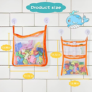 Bath Toy Organizer, SUNDOKI Bath Toy Holder Storage Bags with 4 Suction Cup Hooks and 2 Bath Toy Nets for Kids, Toddlers and Adults (Orange)