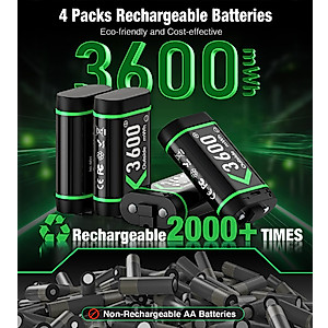 Upgraded Fast Charging Rechargeable Battery Packs with Light Control, 4 x 3600mWh Xbox Controller Batteries with Charger Dock/Station for Xbox Series X|S, One S/X/Elite Controllers, Console Accessory