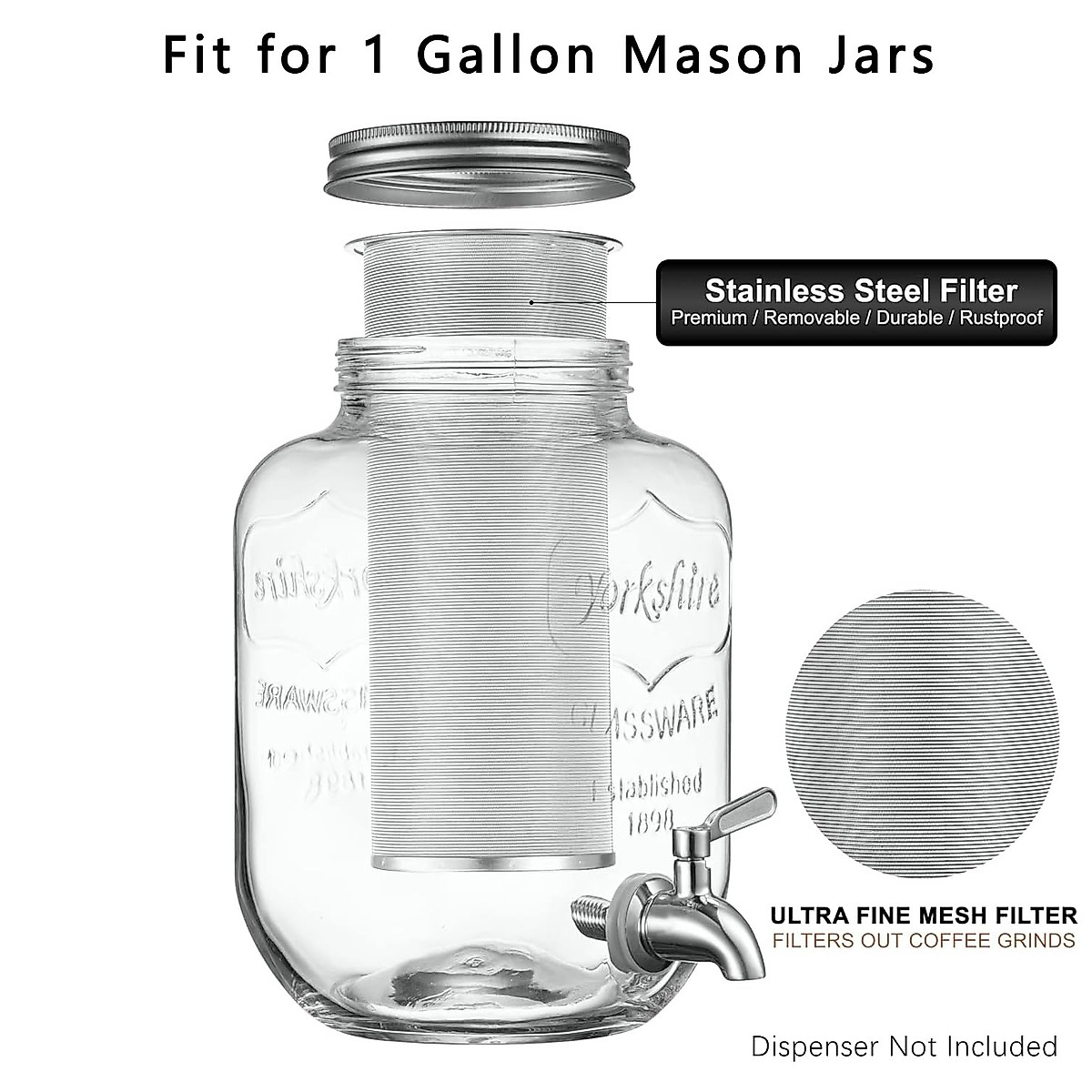 Cold Brew Coffee Filter for 1 Gallon Mason Jars, Made with Stainless Steel, Fine Mesh Filter for Large Batch Cold Brewing, 1 Gallon Mason Jar Filter Crafted to Make Iced Coffee & Tea and Sun
