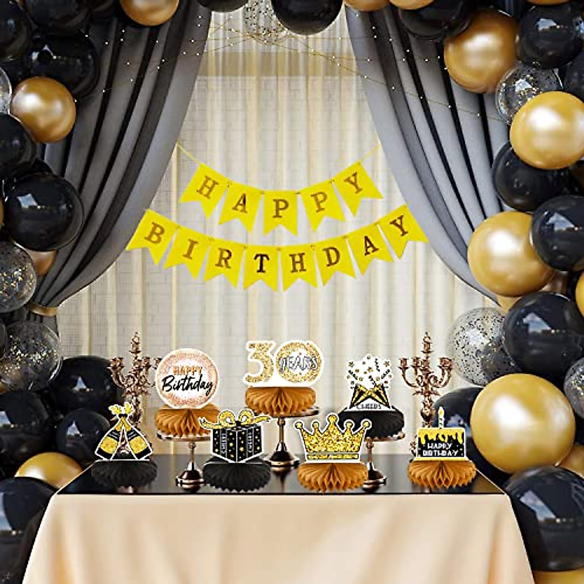KIMOBER 9PCS 30th Birthday Honeycomb Centerpieces,Black Gold 30 Years Birthday Table Toppers for Thirty Years Birthday Party Decorations