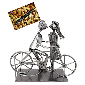 BRUBAKER Wine Bottle Holder 'Couple on Bike' - Table Top Metal Sculpture - with Greeting Card