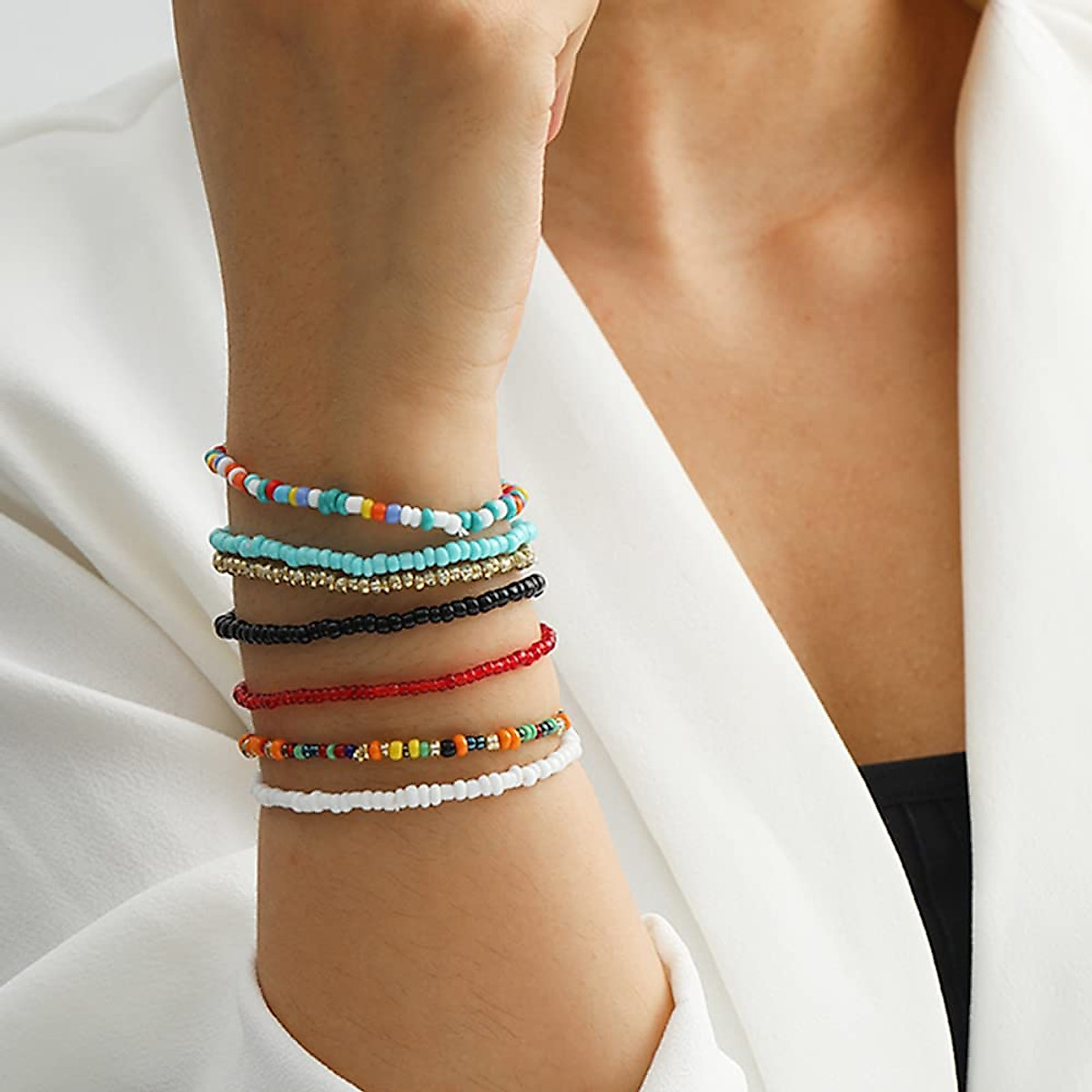 JWICOS 7Pcs Boho Beaded African Bracelet for Women Colorful Stretch Seed Beads Rainbow Bracelets Glass Bead Bracelet Elastic Hand Chain Accessories