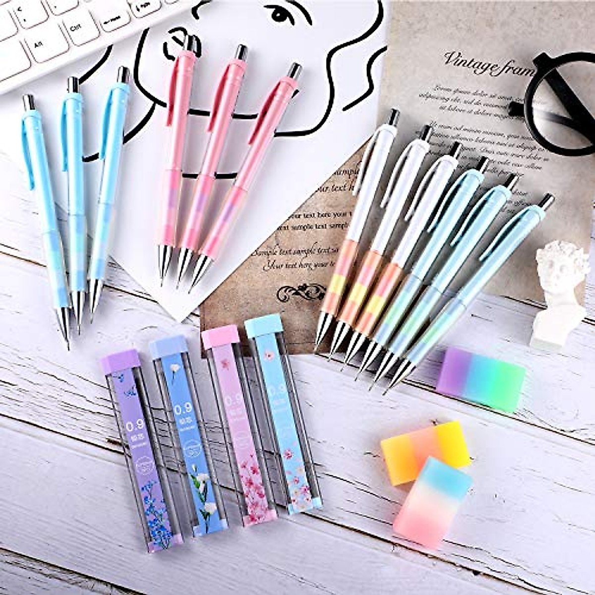 Boao 23 Pieces 0.9 mm Mechanical Pencil Set, Includes 12 Pieces Mechanical Pencils, 8 Tubes of Pencil Refills, 3 Pieces Erasers for School and Office Drawing Crafting