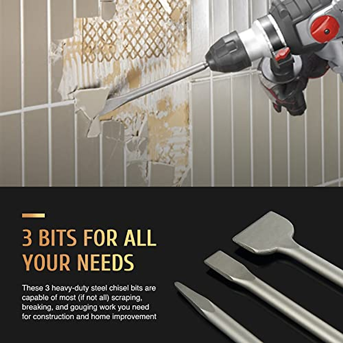 3pc 12-Inch SDS Max Chisel Set | Flat Chisel, Point Chisel, Scaling Chisel Hammer Drill Tool Set for Tile Masonry Concrete Brick Stone Work | 40Cr Steel Drill Bit Set for Max Rotary Hammers