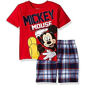 Disney Toddler Boys' Mickey Mouse Plaid Short Set with T-Shirt, Red, 3T