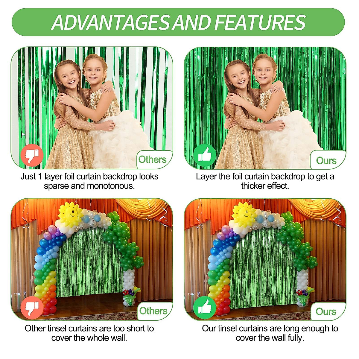 Crosize 3 Pack 3.3 x 9.9 ft Green Foil Fringe Backdrop Curtain, Streamer Backdrop Curtains, Streamers Birthday Party Decorations, Tinsel Curtain for Parties, Galentines Decor, Preppy, Photo Booth