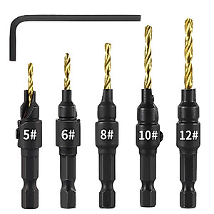 Xnrtop Woodworking Tool Countersink Drill Bit Set 1/4 Inch Hex Shank Power Tools Accessories for Plastic Metal 5Pcs/Set #5#6#8#10#12 (Gold)