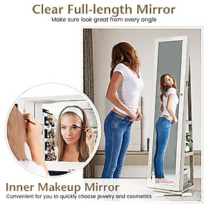 COSTWAY 360 Rotating Jewelry Armoire Cabinet, Standing Jewelry Organizer w/Full-Length Mirror & Large Storage Space, Lockable Mirror Jewelry Cabinet for Girls Women (White)