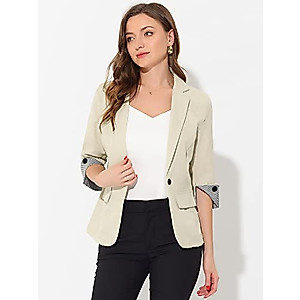 Allegra K Women's Suit Jacket Notched Lapel Collar 3/4 Sleeve Button Front Work Formal Blazer X-Small Beige