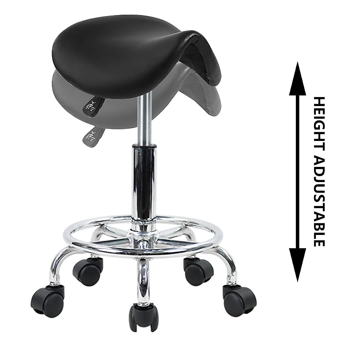 KKTONER Saddle Stool with Foot Rest PU Leather Swivel Adjustable Rolling Stool with Wheels Facial Salon Chair (Black)