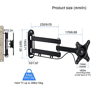 Suptek TV Wall Mount Swivel Tilt Rotation Full Motion Adjustable Articulating for Most 15- 32 inch LED, LCD Monitor Wall Mount VESA 75,100 (MA2720)